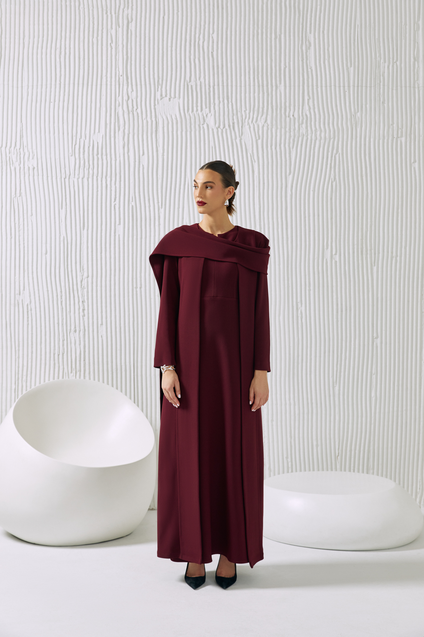 Wine Maxi Dress with One Side Drape Jacket - BANAN JO