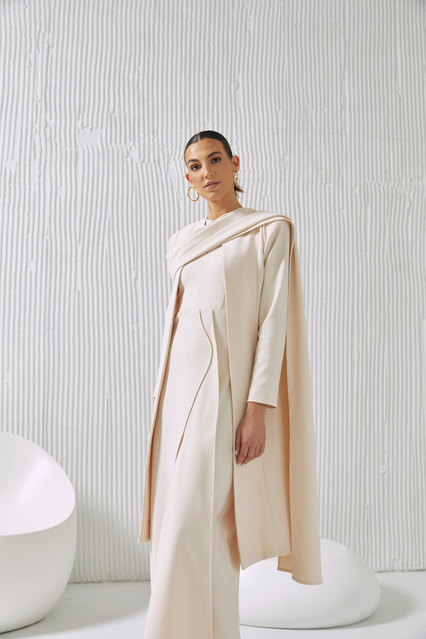 Cream Midi Dress With One Side Drape Jacket - BANAN JO