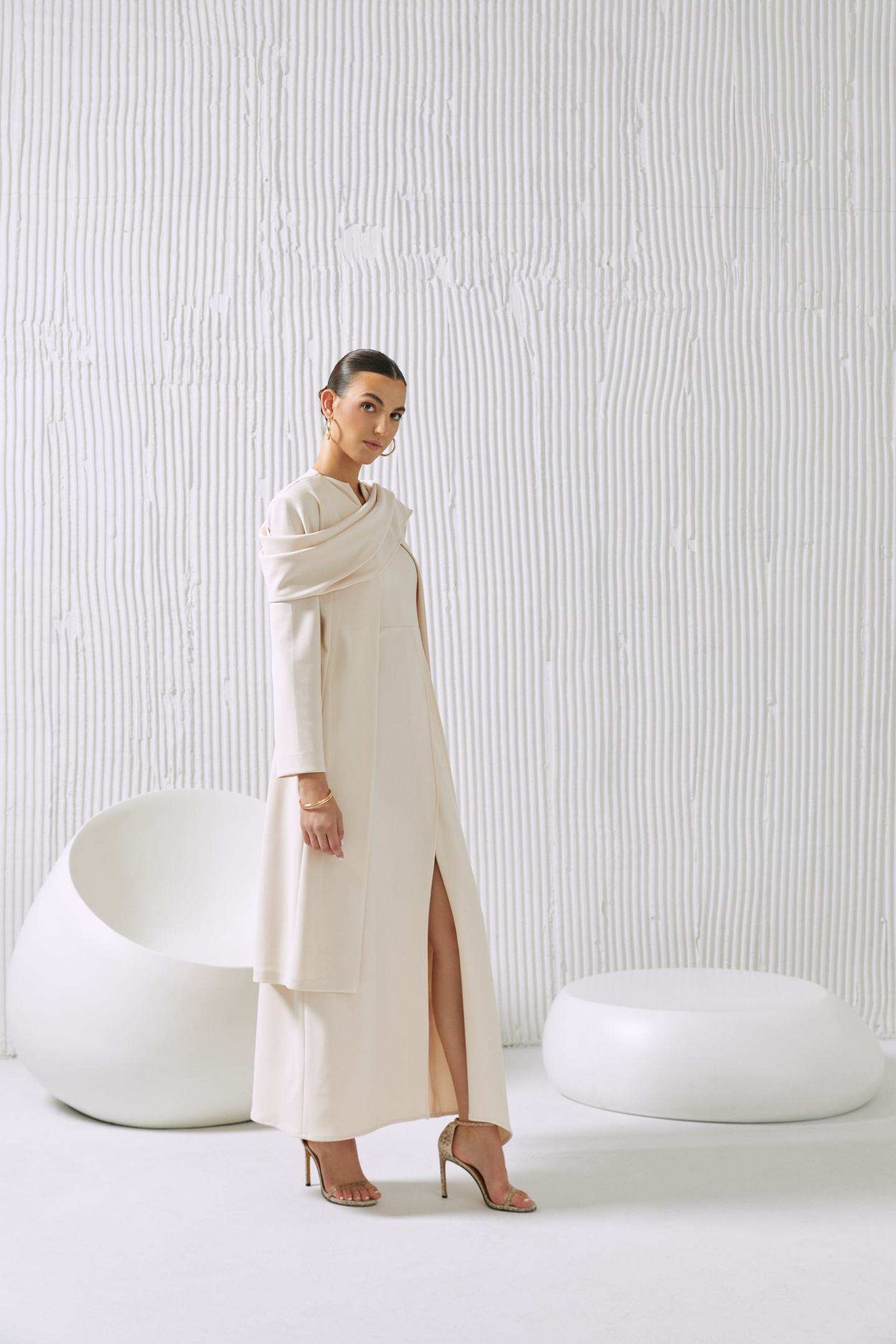 Cream Midi Dress With One Side Drape Jacket - BANAN JO